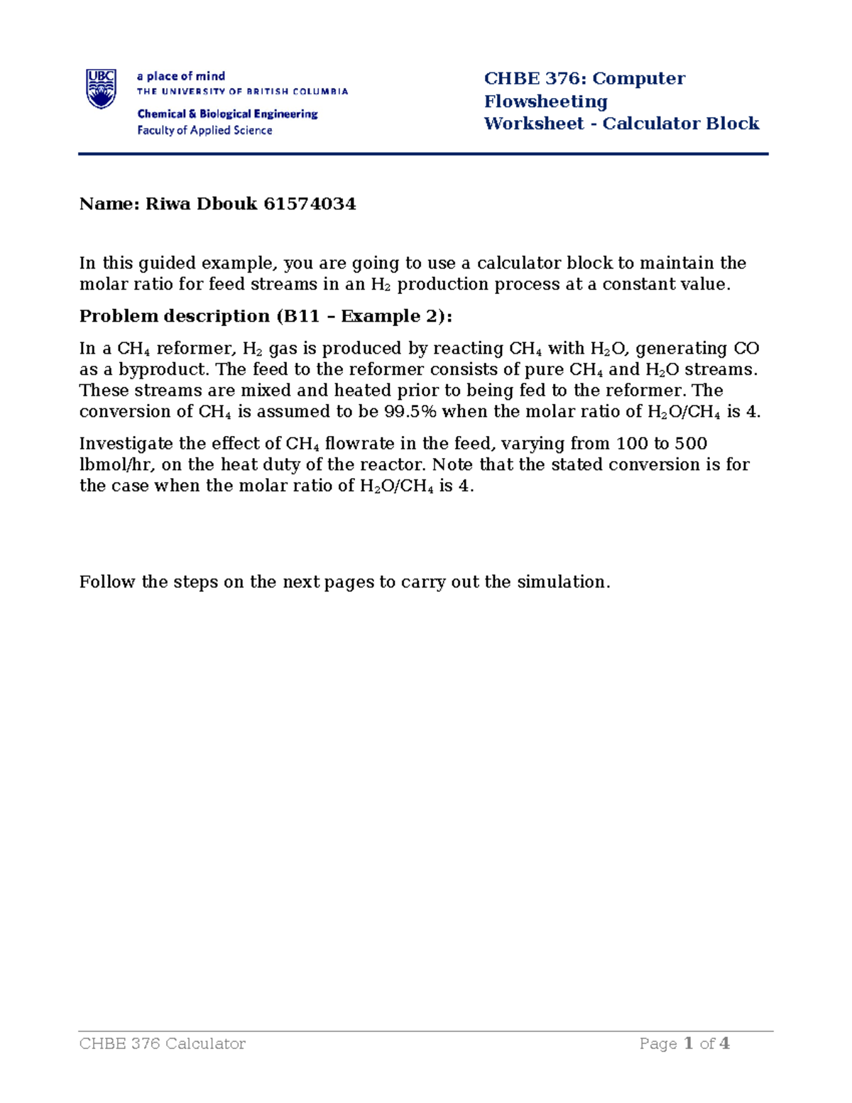 W15 - B11 (Example 2 - Calculator Block) - CHBE 376: Computer Flowsheeting Worksheet ...