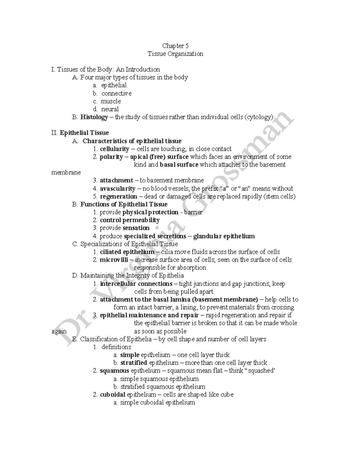 A&P Chapter 5 notes - Tissue - Chapter 5 Tissue Organization I. Tissues ...