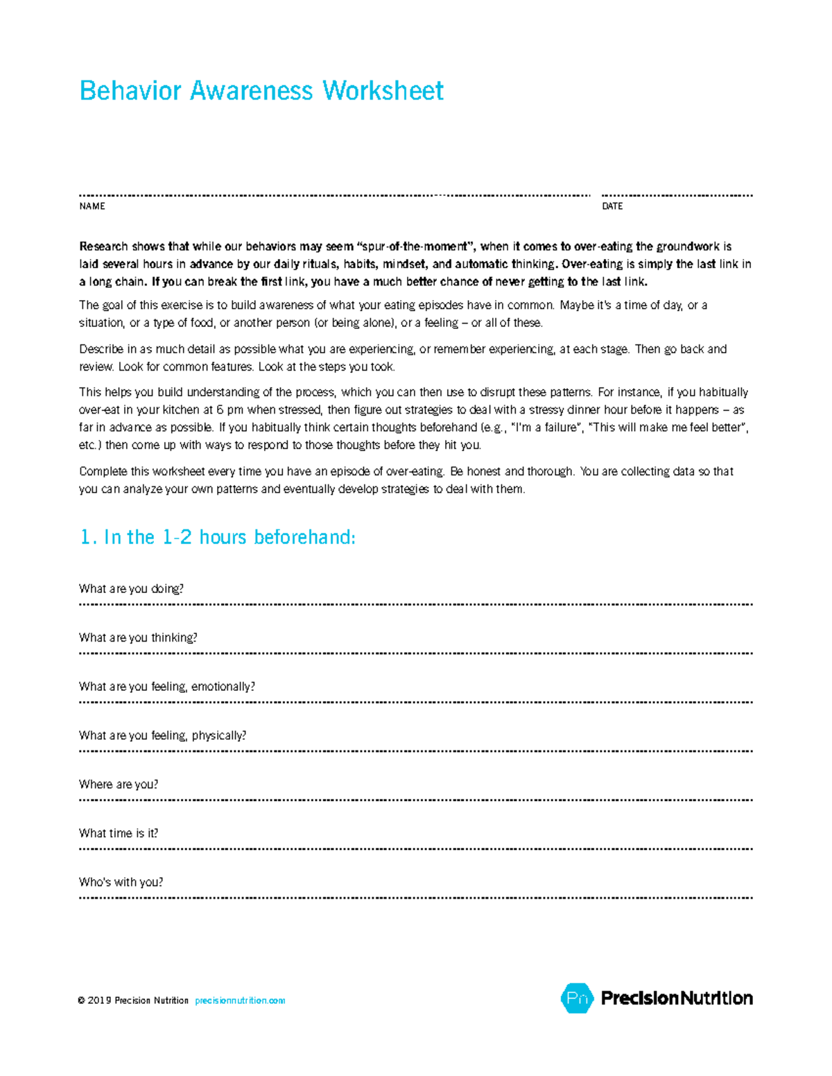 Behavior Awareness Worksheet form fillable V4 2019 - © 2019 Precision ...