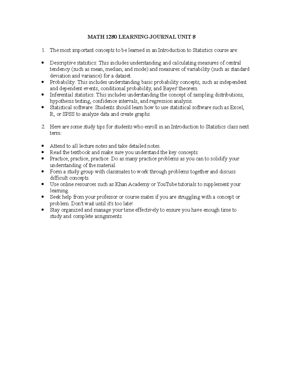 MATH 1280 Learning Journal UNIT 8 - MATH 1280 LEARNING JOURNAL UNIT 8 The most important ...