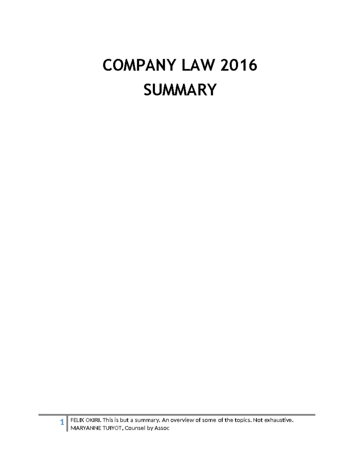 Company Brief - Summary Business law - COMPANY LAW 2016 SUMMARY 1 ...
