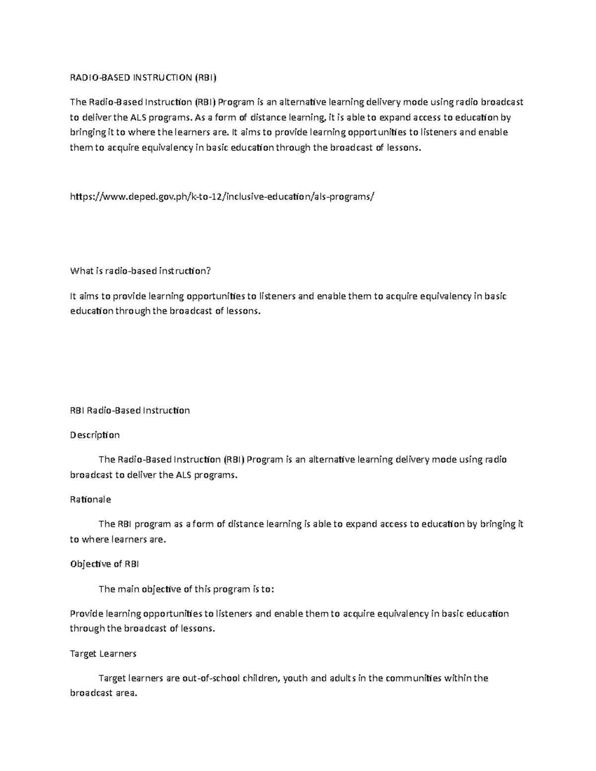 Radio- Based instruction Research - RADIO-BASED INSTRUCTION (RBI) The ...