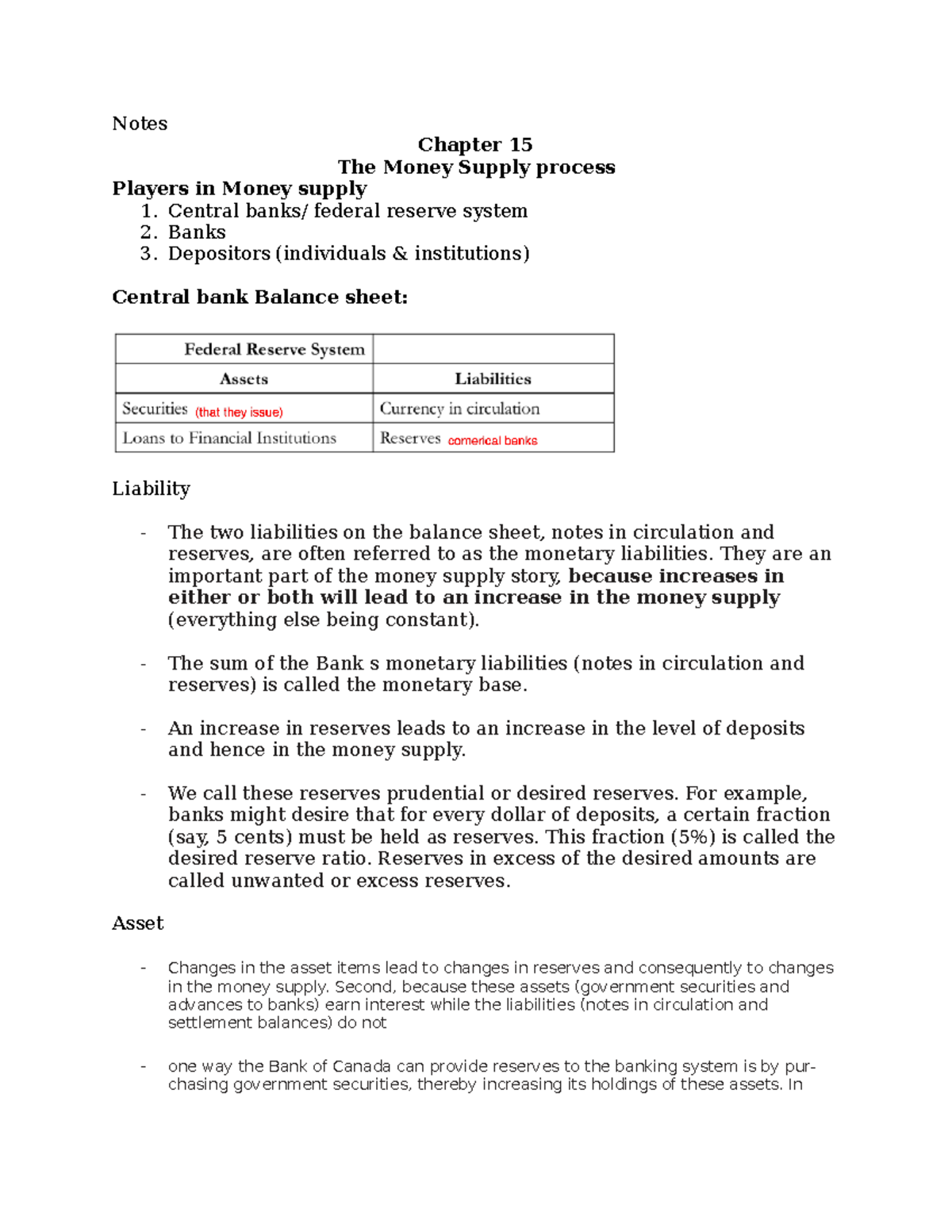 Notes - Notes Chapter 15 The Money Supply process Players in Money ...