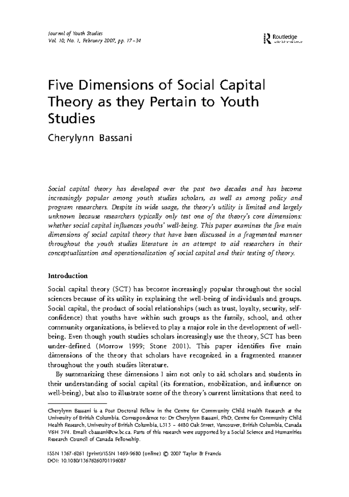 Bassani (2007 ) Five Dimensions of Social Capital Theory - Five ...