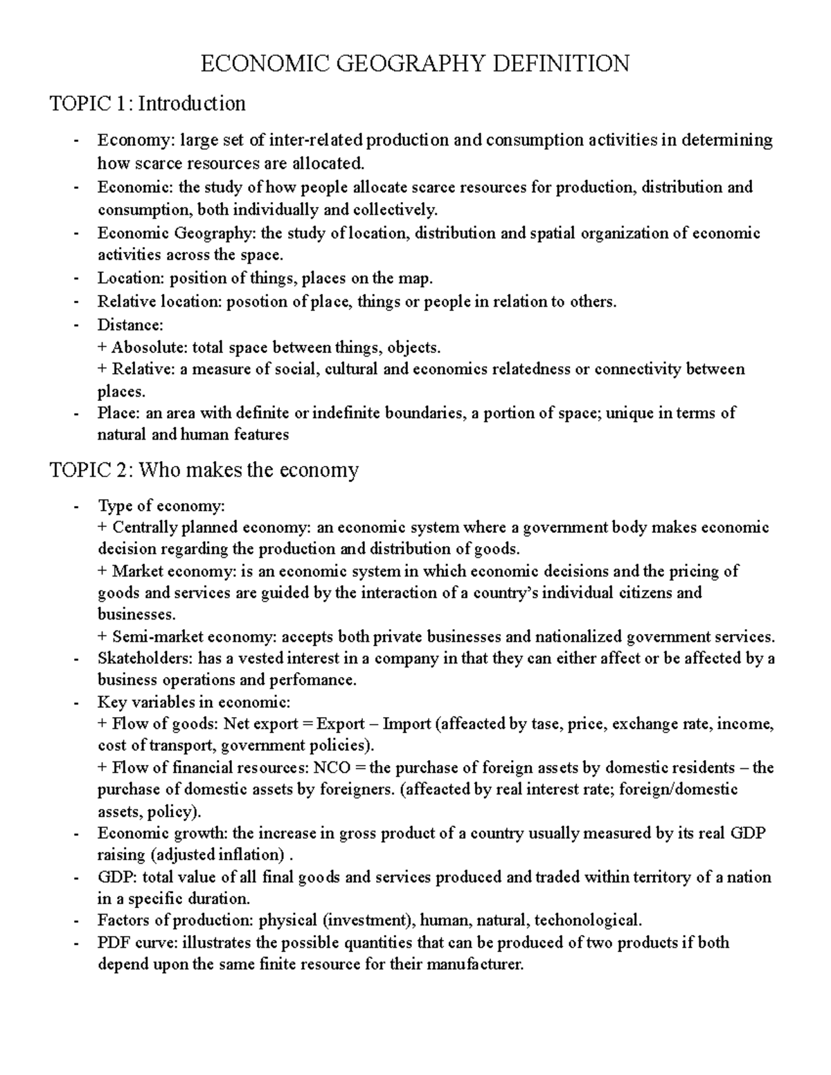 Economic- Geography- Revision - ECONOMIC GEOGRAPHY DEFINITION TOPIC 1 ...