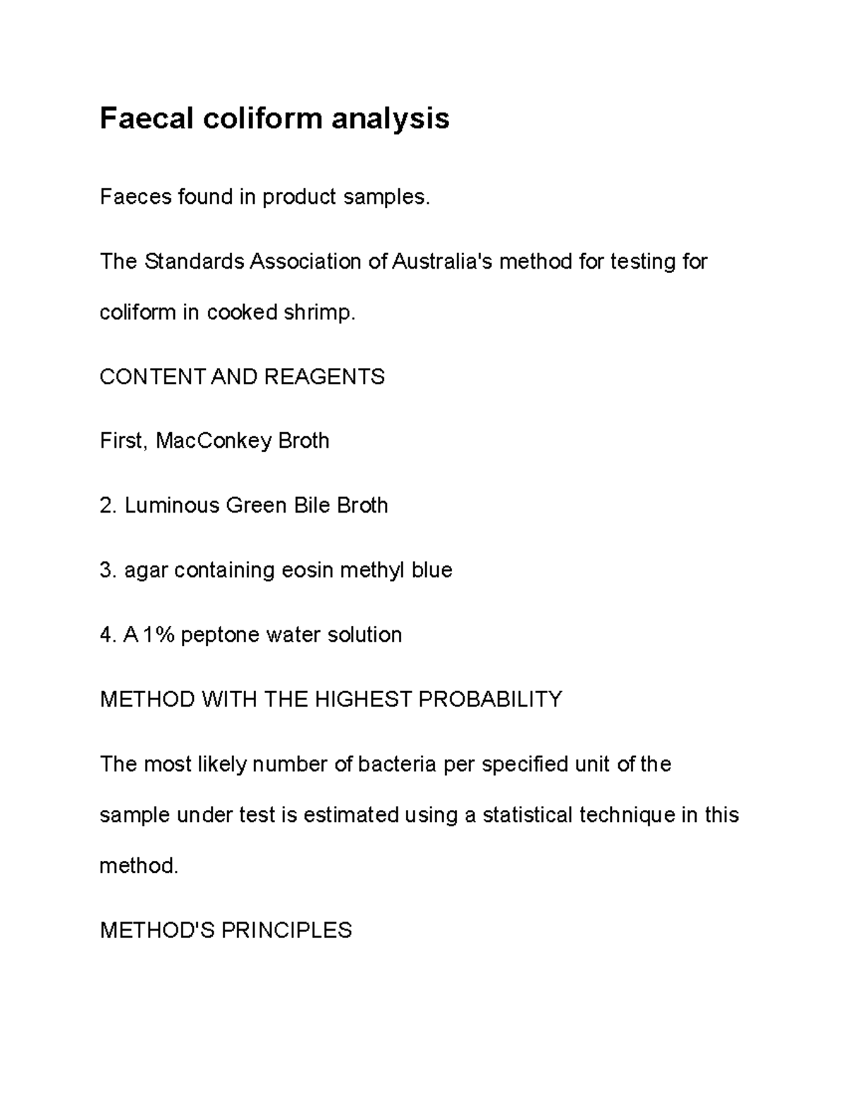 Faecal coliform analysis - Faecal coliform analysis Faeces found in ...