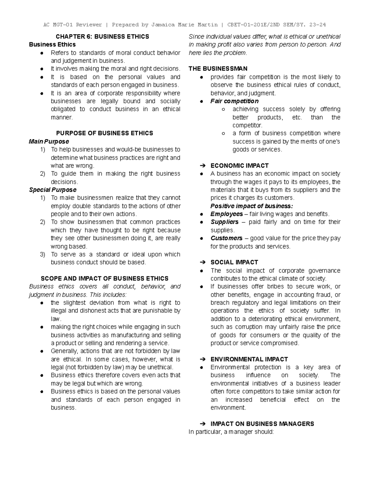GOV- Midterm - CHAPTER 6: BUSINESS ETHICS Business Ethics Refers to ...
