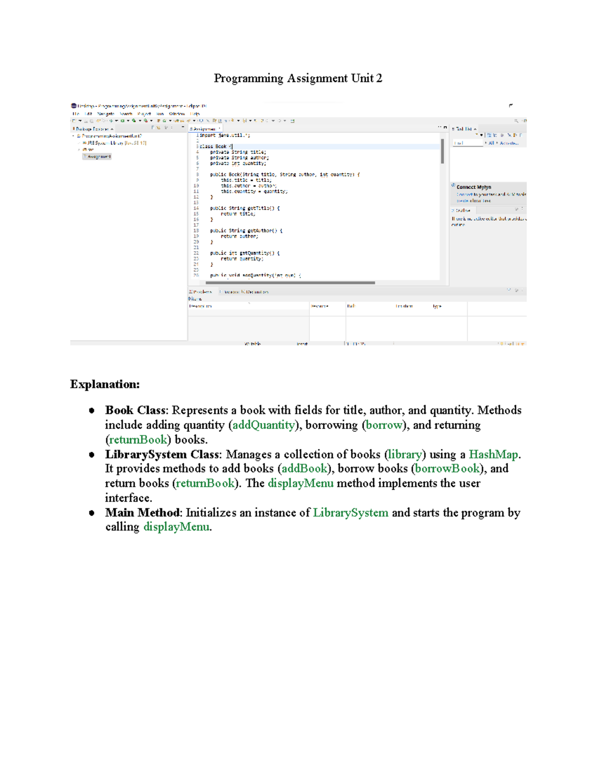 Programming Assignment Unit 2 - Methods include adding quantity (addQuantity), borrowing (borrow ...