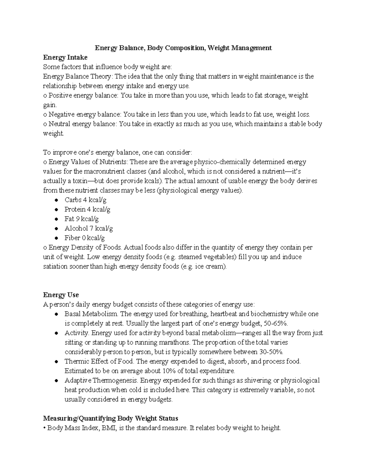 BIO108 Part 2 Notes - Energy Balance, Body Composition, Weight ...