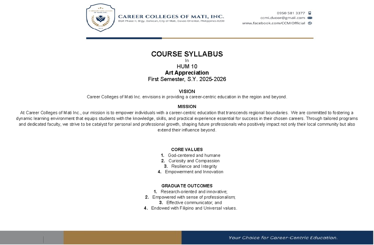 Art Appreciation - For lecture - COURSE SYLLABUS In HUM 10 Art ...