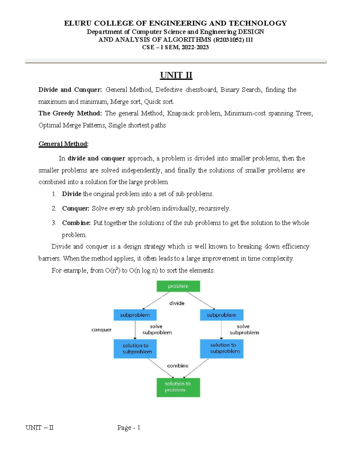 DAA UNIT-II Divide & Conquer Meterial - Department of Computer Science and Engineering DESIGN ...