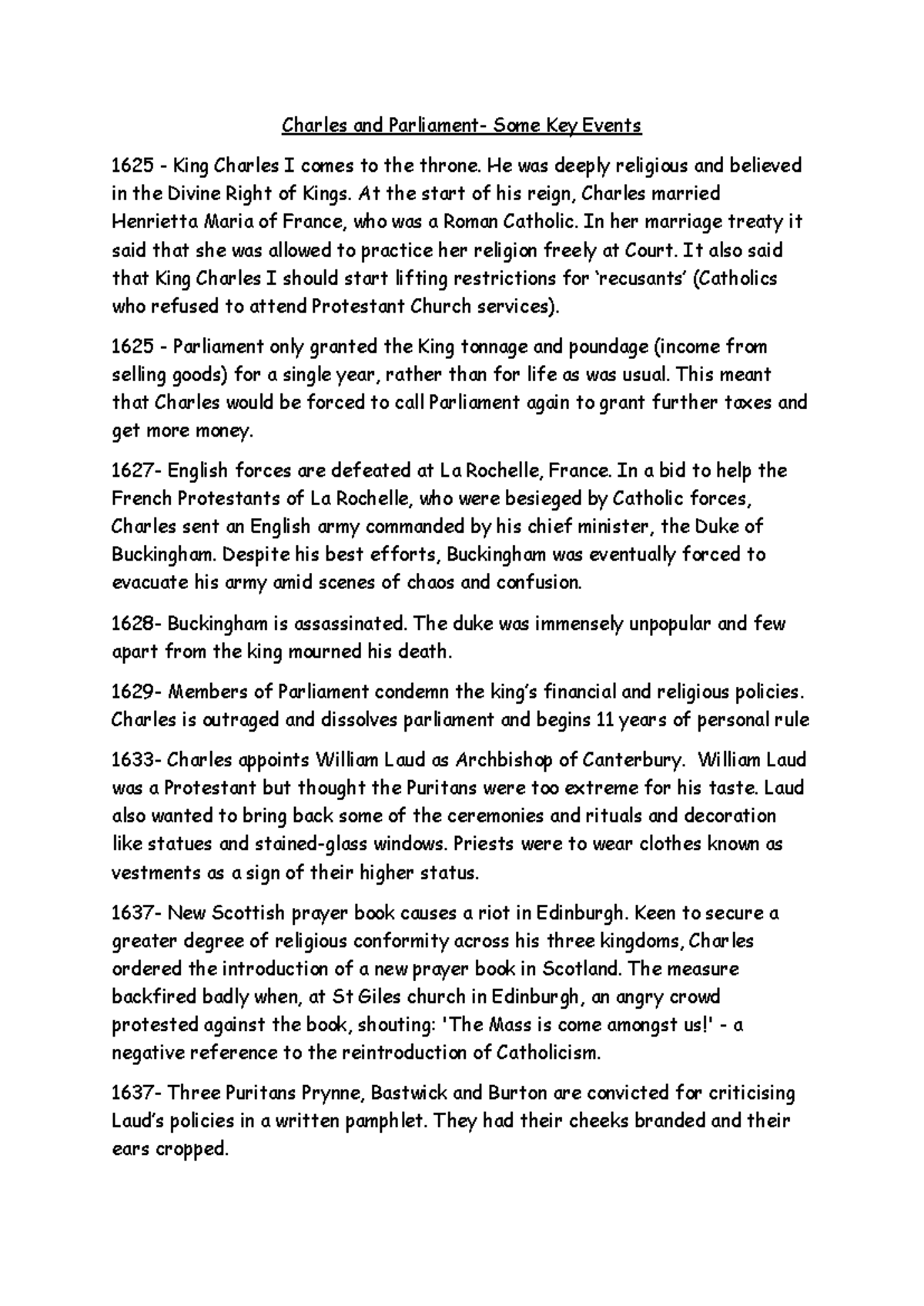 Civil war timeline (1) - Charles and Parliament- Some Key Events 1625 ...