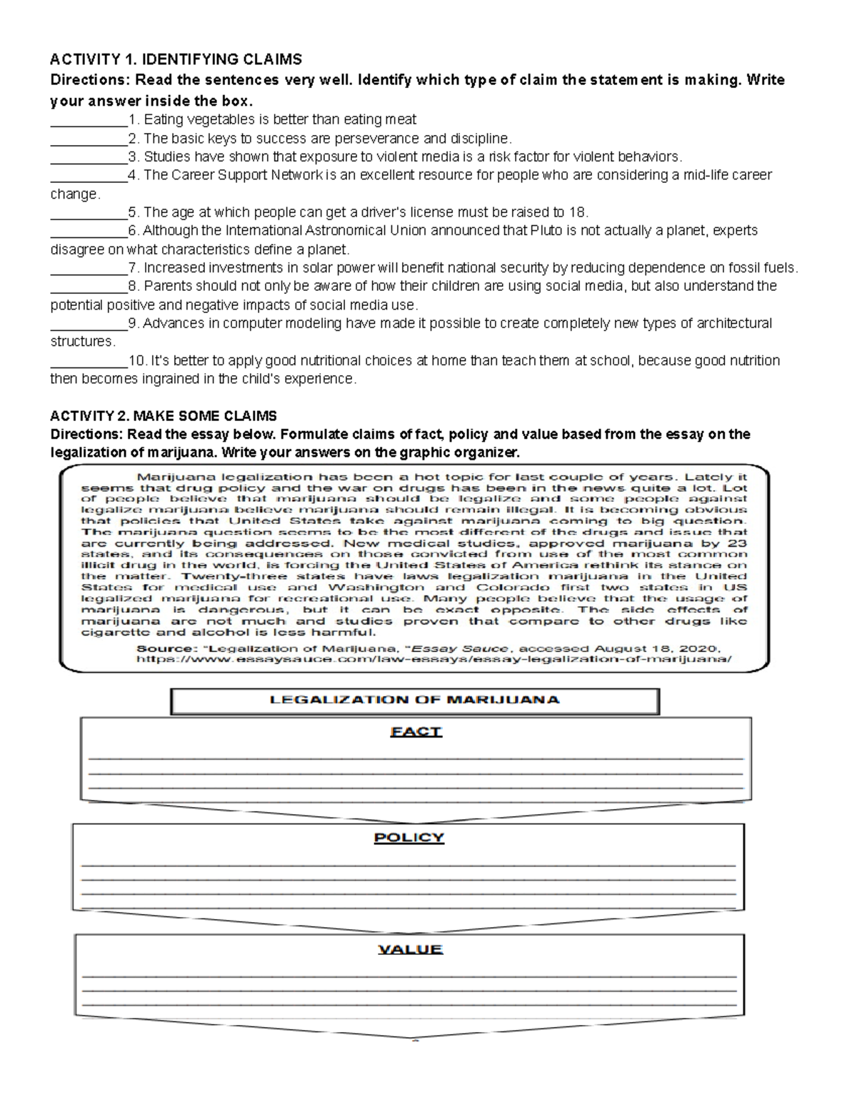 Activity claims of fact value and policy - ACTIVITY 1. IDENTIFYING ...