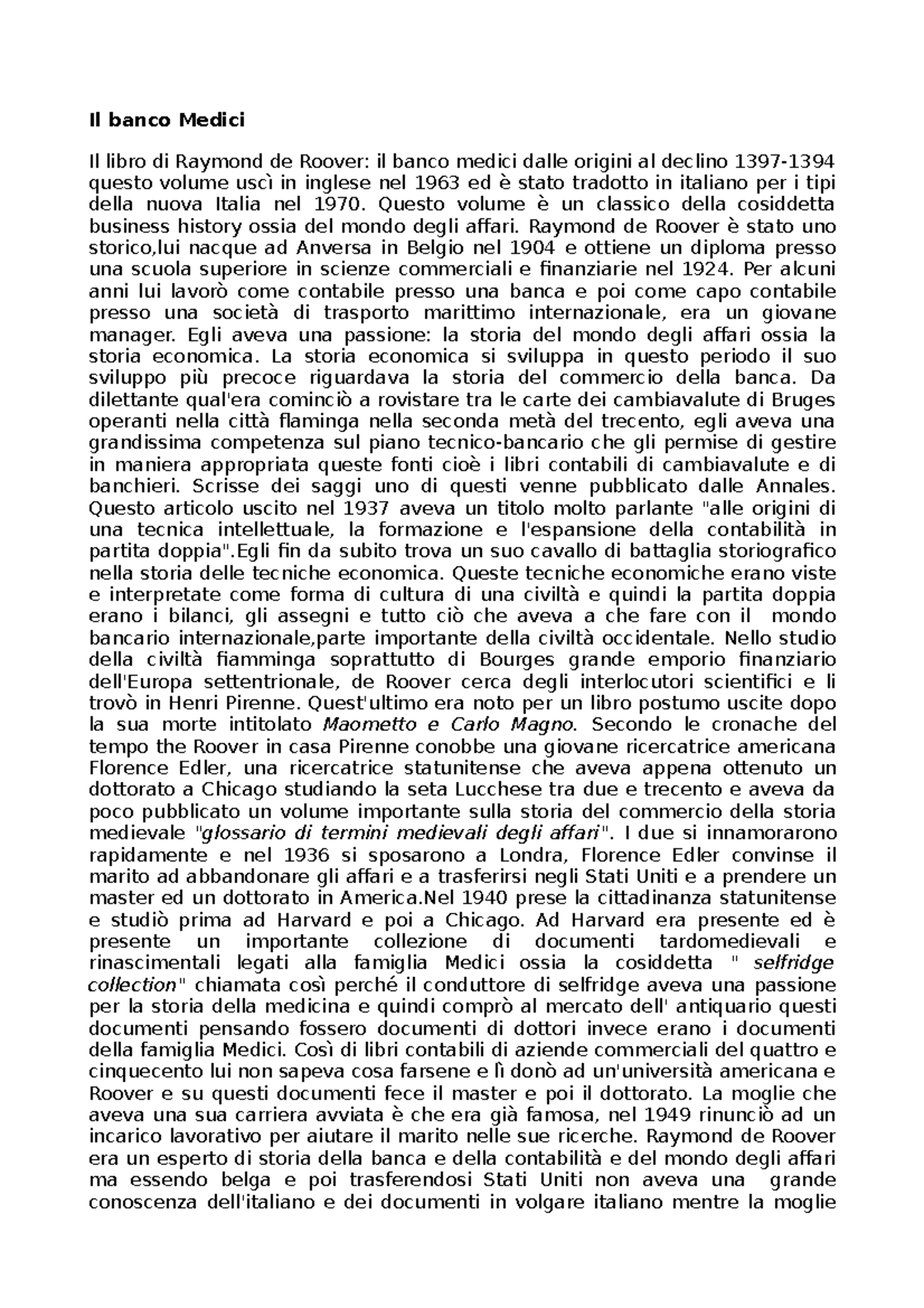 Seminario - Il banco Medici Il libro di Raymond de Roover: il banco ...