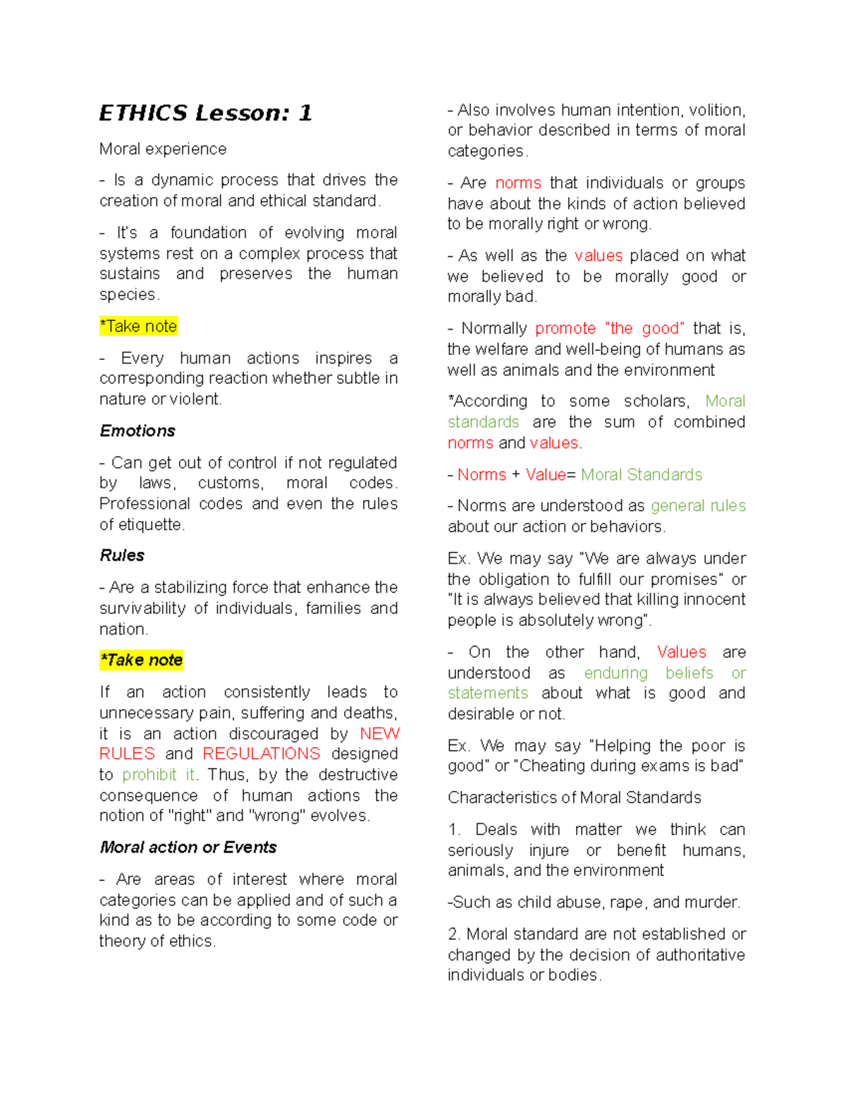 Lesson 1- Ethics - ETHICS Lesson: 1 Moral experience Is a dynamic ...