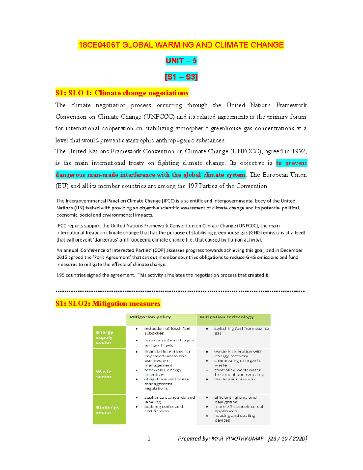 UNIT 5[ S1 - S3] - UNIT 5 study material - 18CE0406T GLOBAL WARMING AND ...