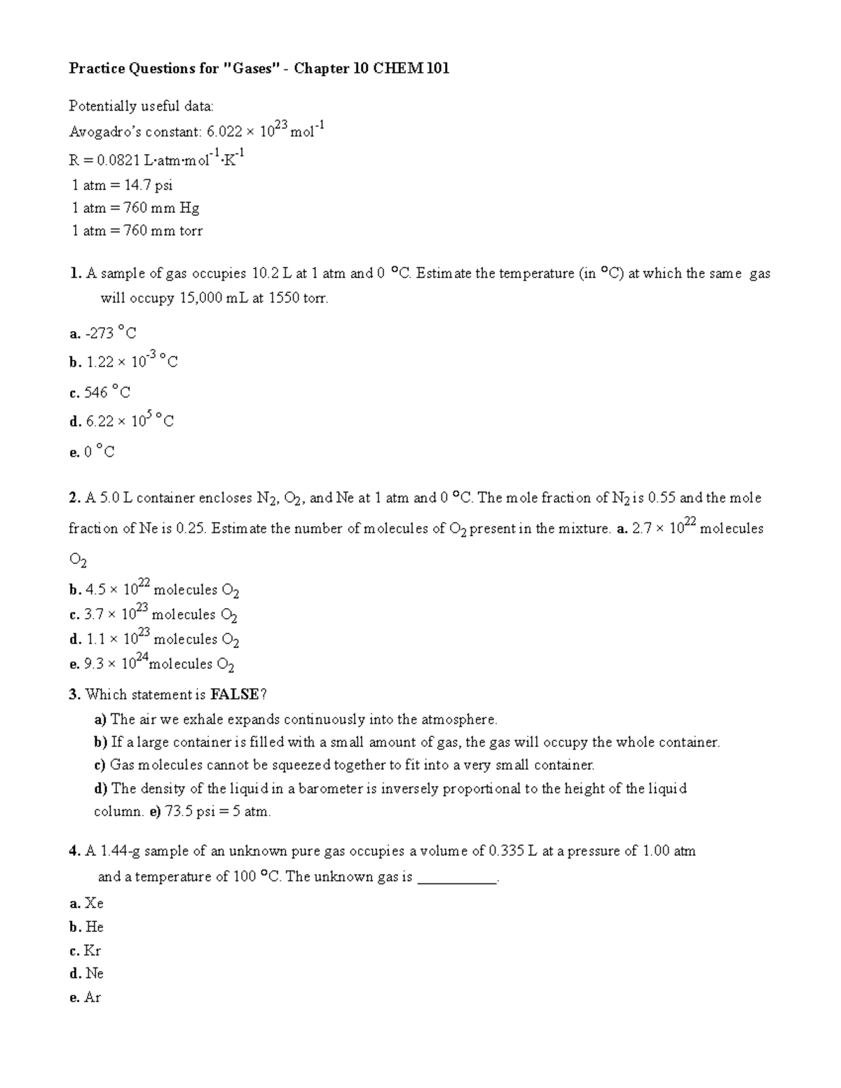 Practice Questions Gases Ch. 10 101 F20 - Practice Questions for "Gases ...