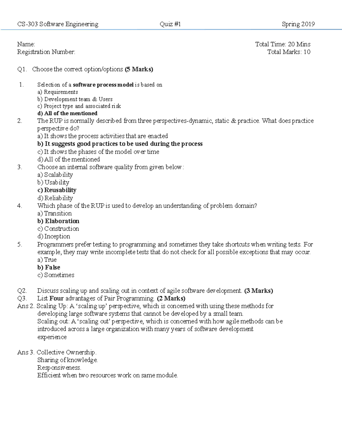 Quiz 1 G Sol - Quiz - CS-303 Software Engineering Quiz #1 Spring 2019 ...