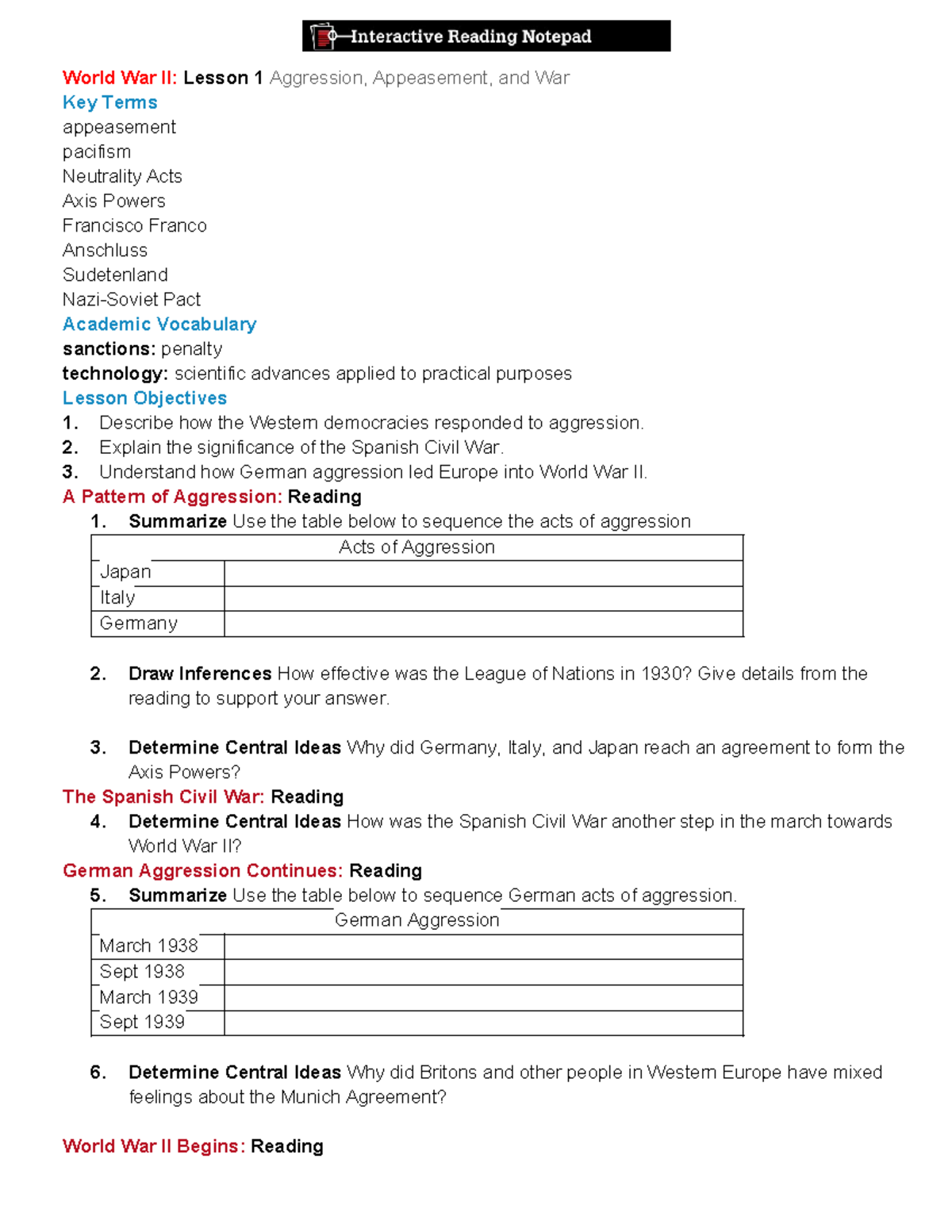 Topic 12 Lesson 1 Interactive Reading Notebook - World War II: Lesson 1 ...