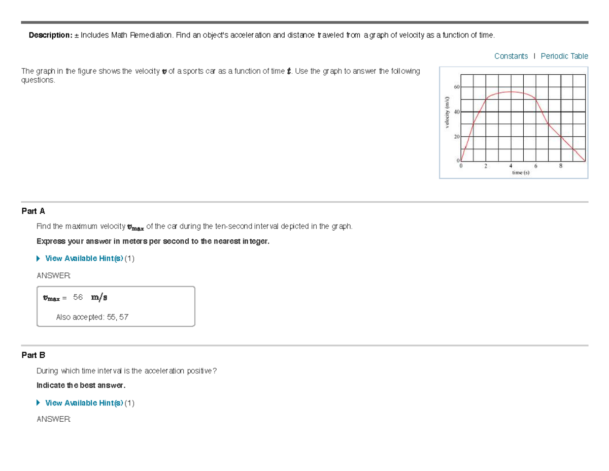 Mastering Physics The Graph of a Sports Cars Velocity - Description: ± ...