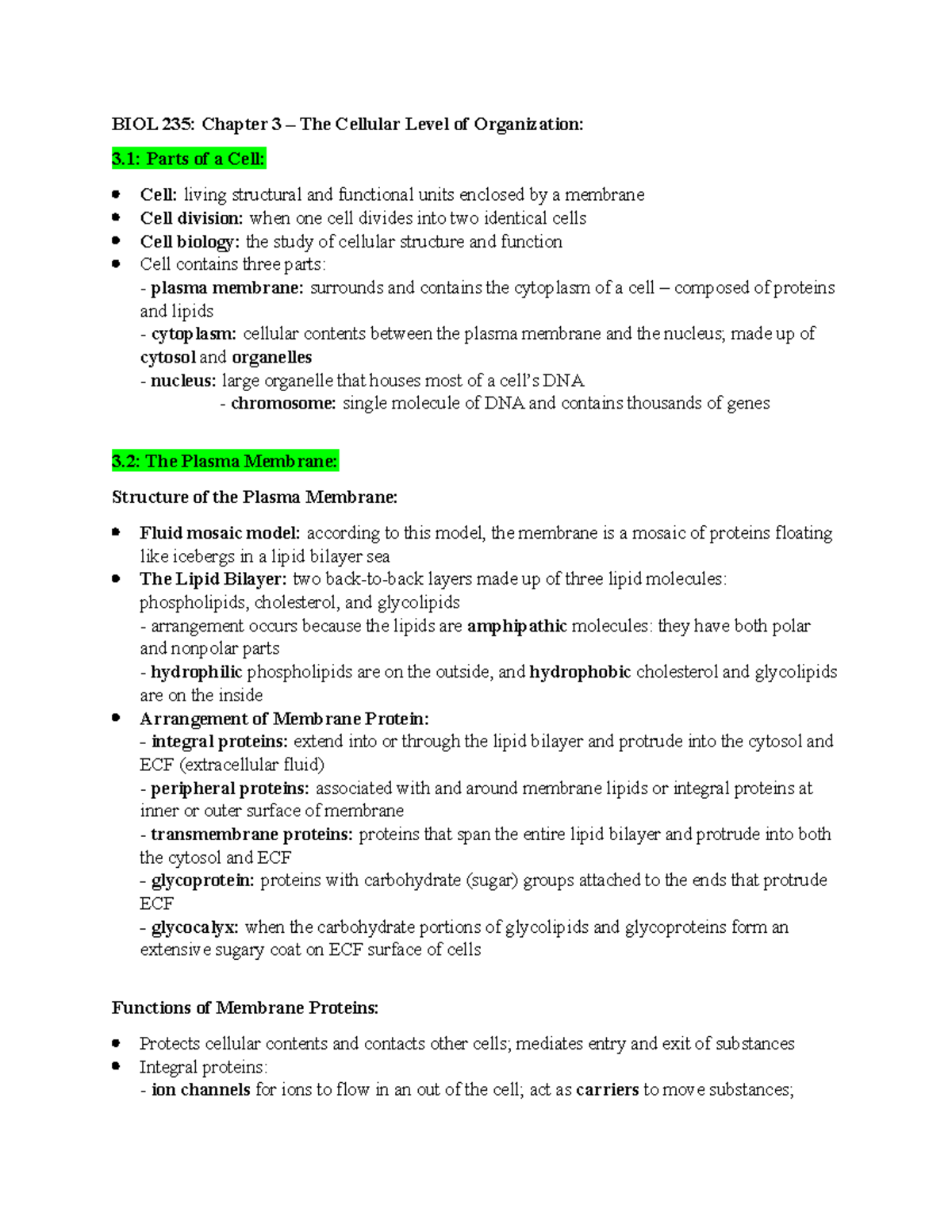 Chapter 3 The Cellular Level Of Organization BIOL 235 Chapter 3