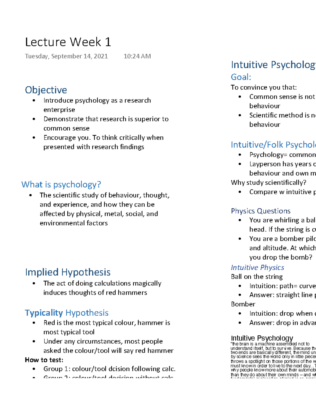 Lecture Week 1 - Objective Introduce psychology as a research ...