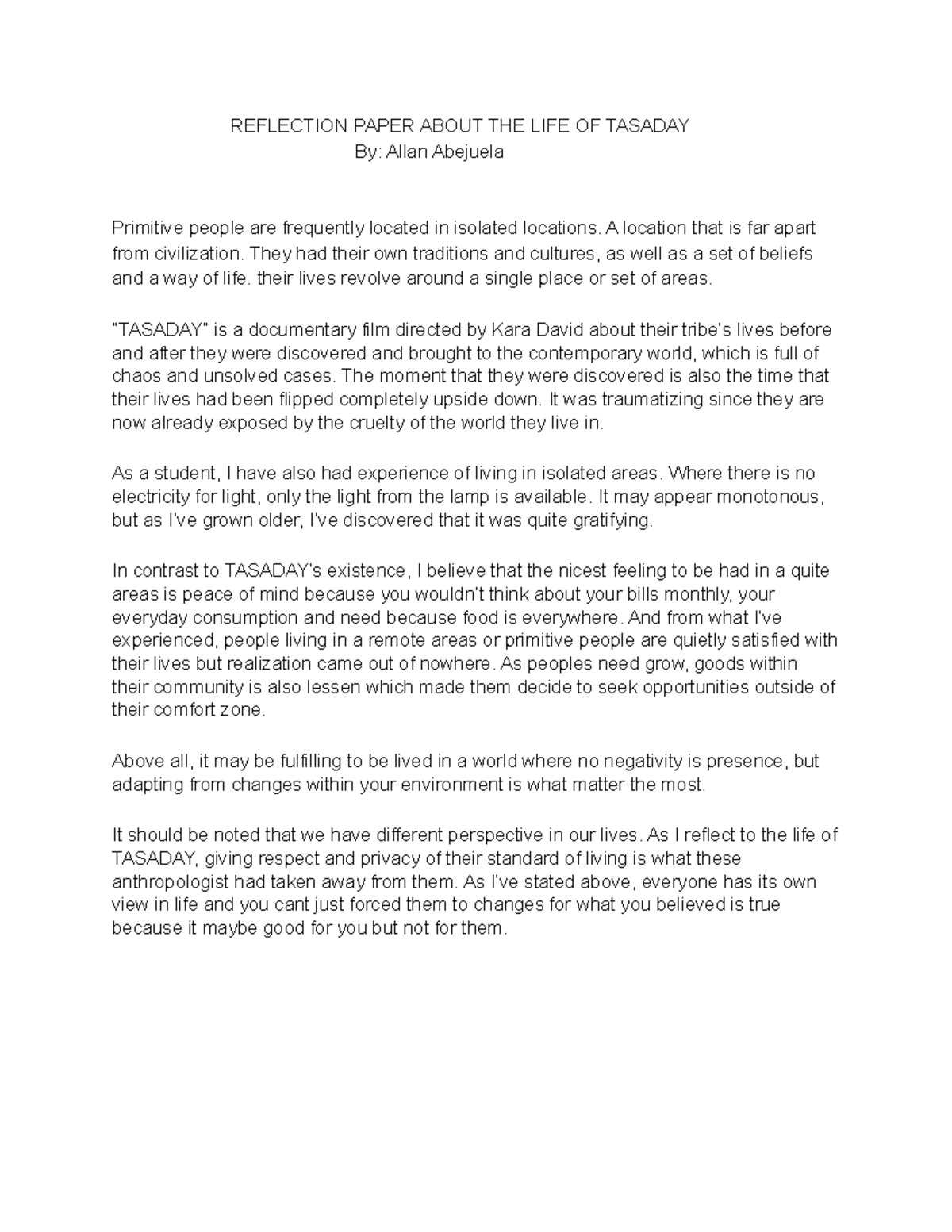 Reflection Paper About THE LIFE OF Tasaday - REFLECTION PAPER ABOUT THE ...