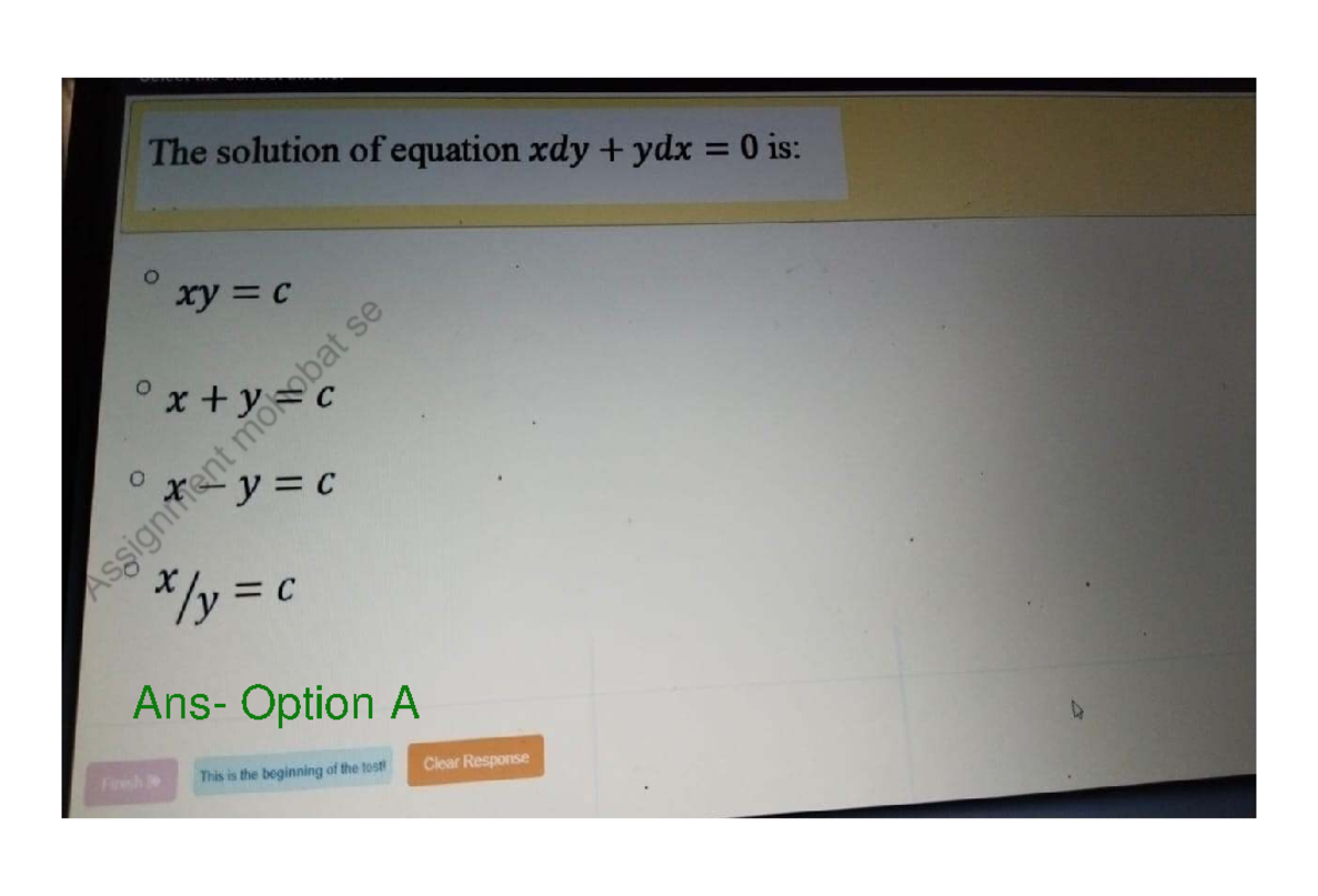 MTH166 ETE with ans watermark - The solution of equation xdy ydx 0 is ...