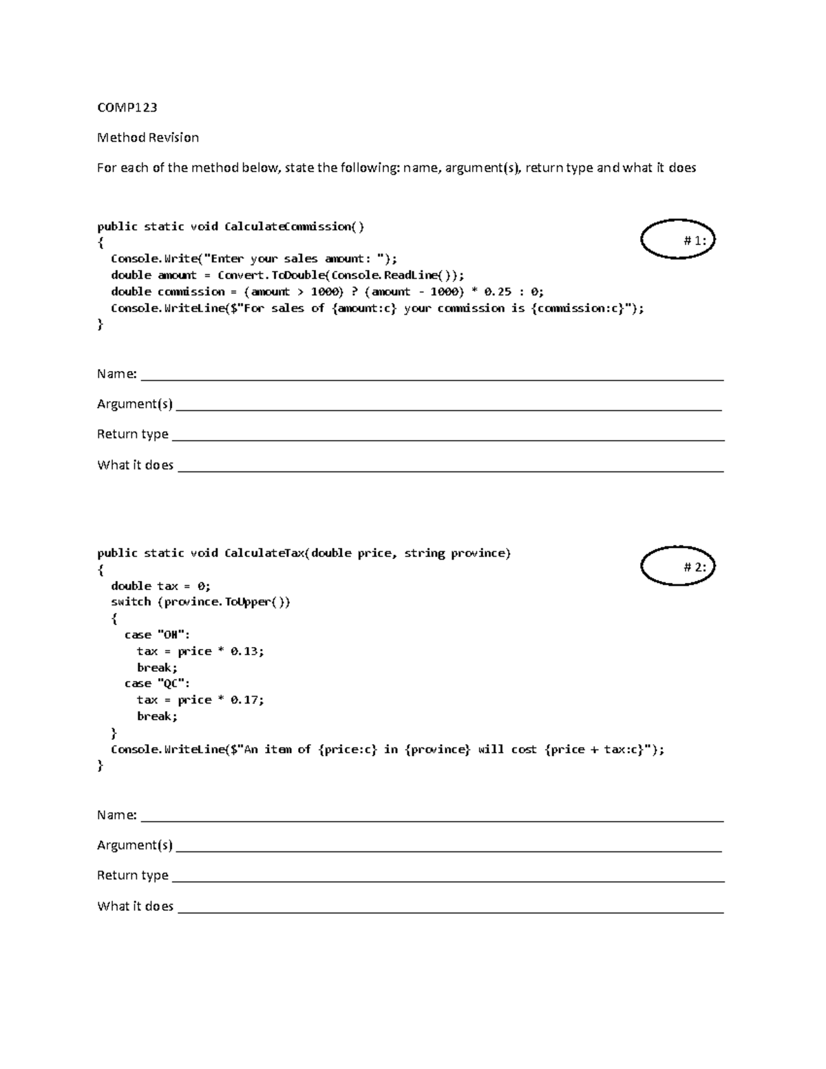Week 01 lab 00 revision method - COMP Method Revision For each of the method below, state the ...