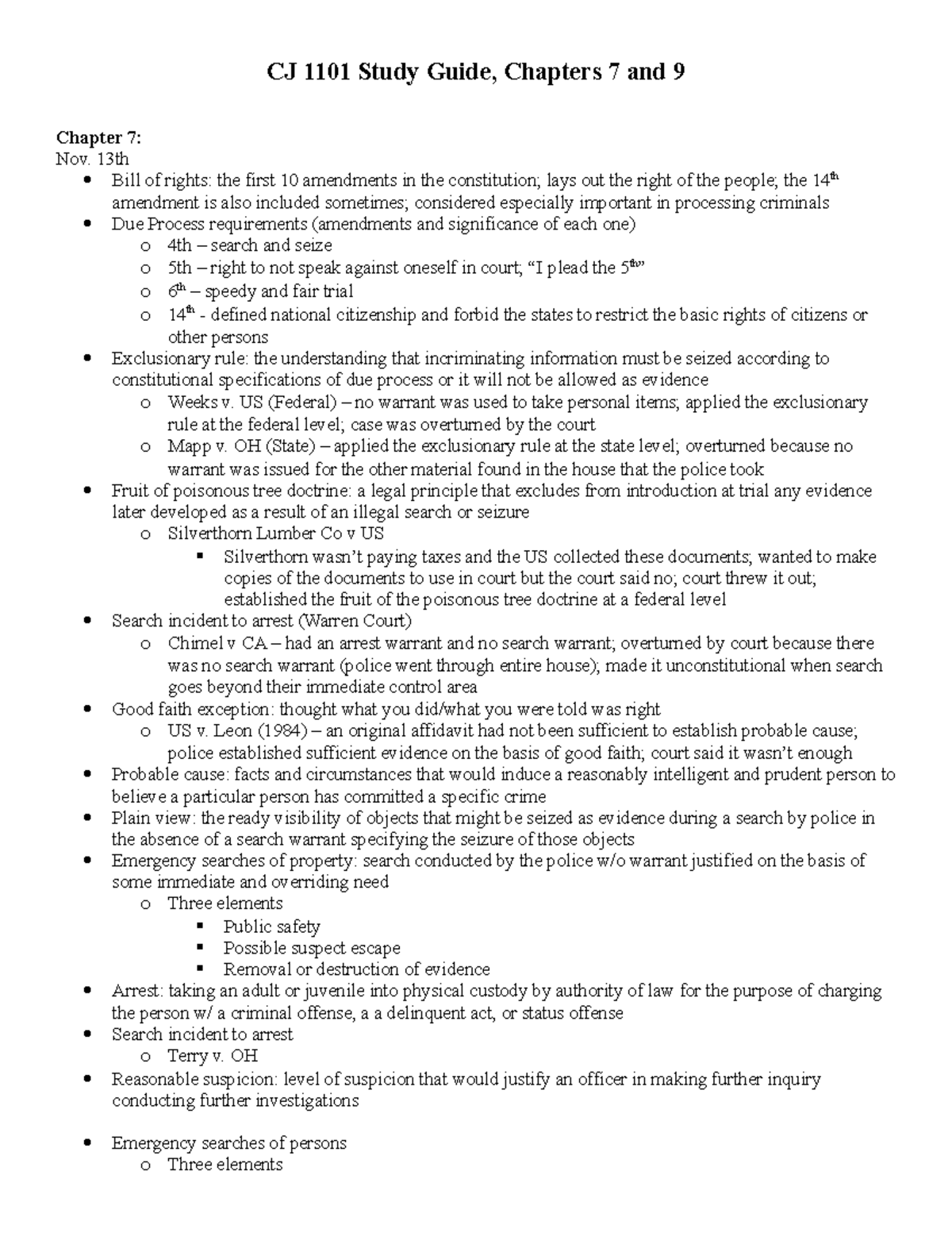 Exam 3 Study Guide (Chp. 7 and 9) - CJ 1101 Study Guide, Chapters 7 and ...
