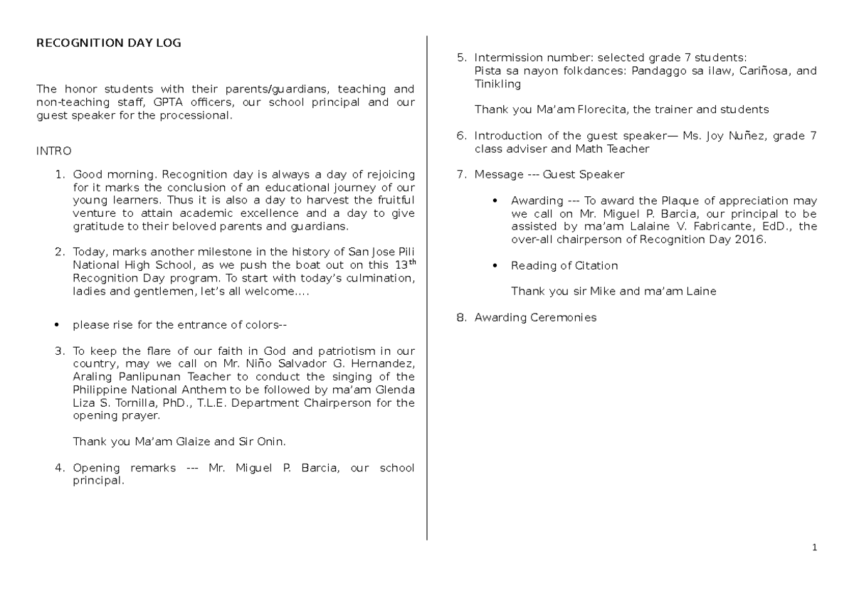 Recognitionday 2022- RUN DOWN - RECOGNITION DAY LOG The honor students ...