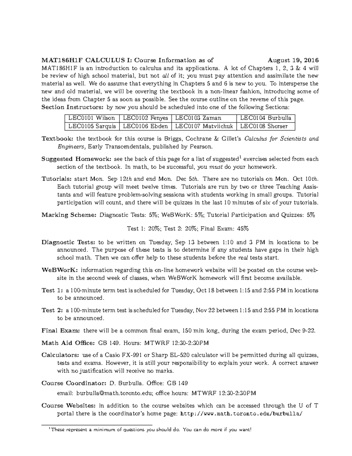 MAT186 - Syllabus - MAT186H1F CALCULUS I: Course Information as of ...