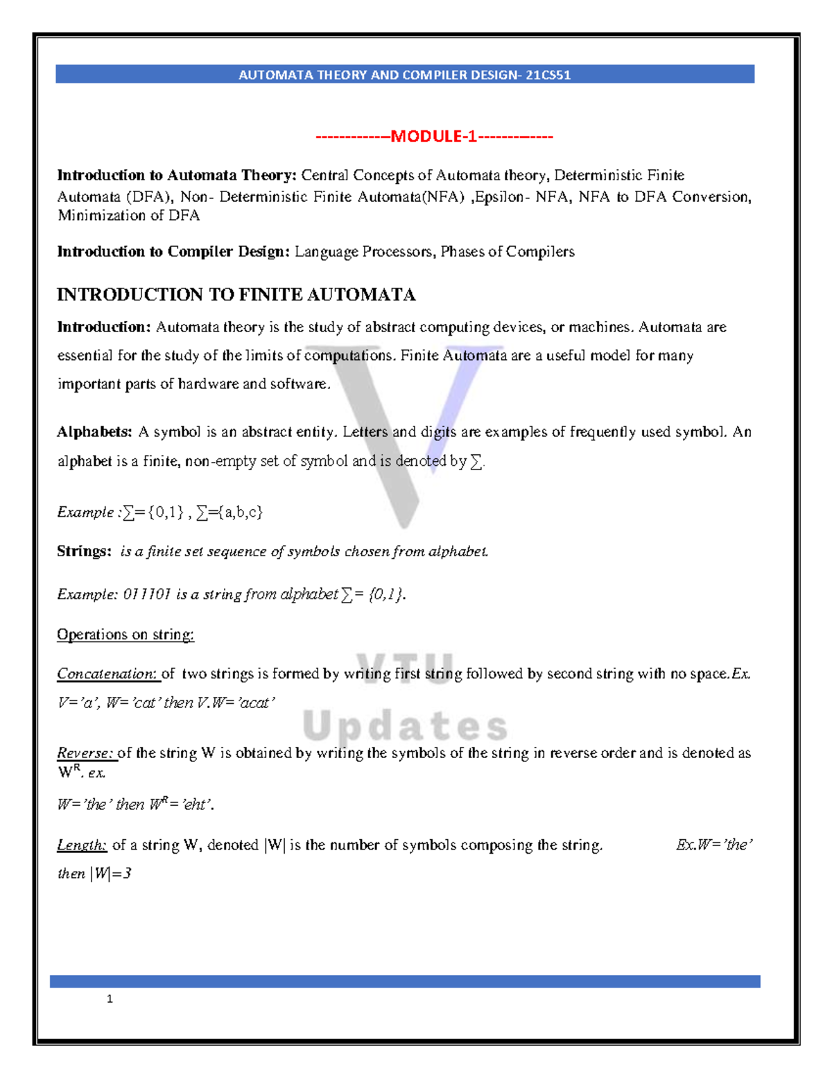 Finite Automata And Formal Languages 18cs52 Module 1 Introduction To Automata Theory