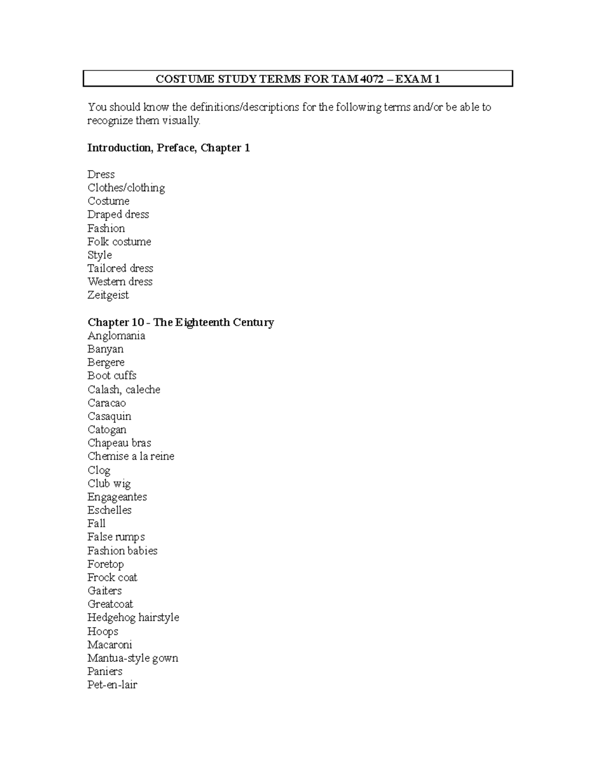 Exam 1 - Study Terms - Introduction, Chapters 10 11 - COSTUME STUDY ...