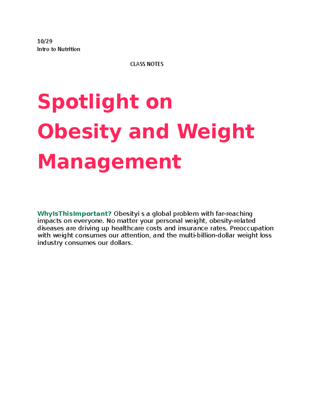 10:nutrition ntes - chapter 9.5 class notes on Obesity and Weight ...