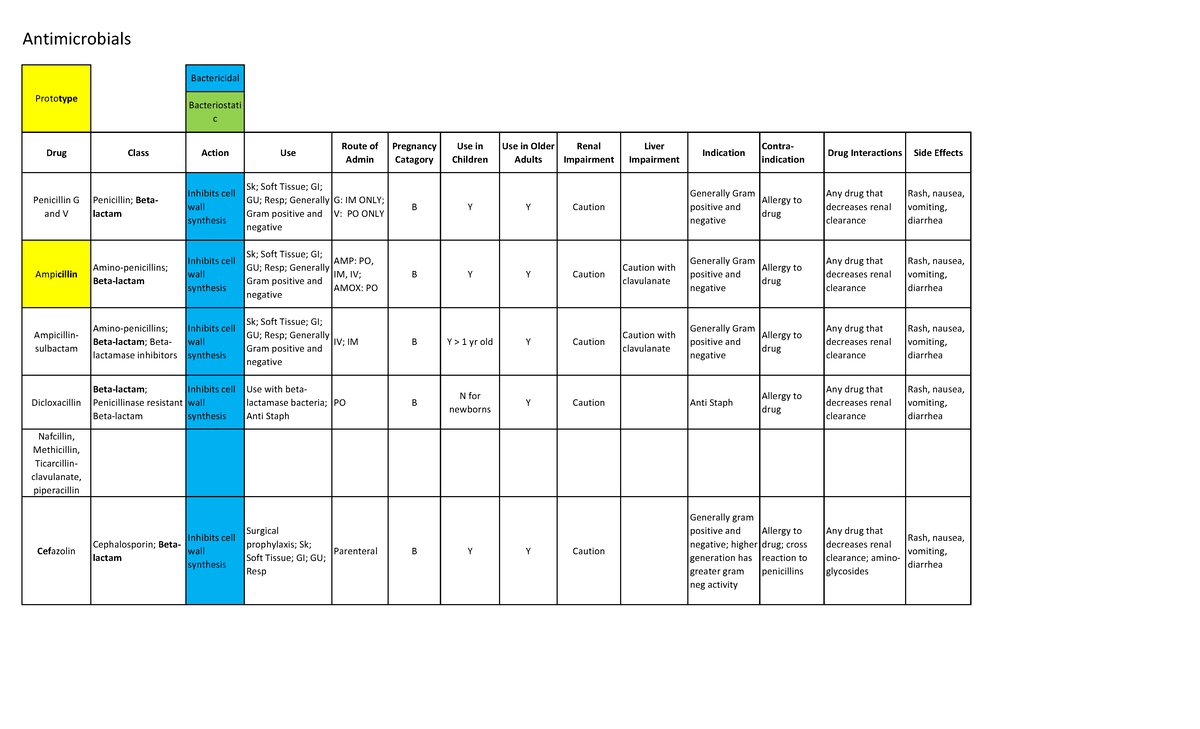 Antimicrobial Chart NUR 613 Somerall SP19 - Drug Class Action Use Route ...