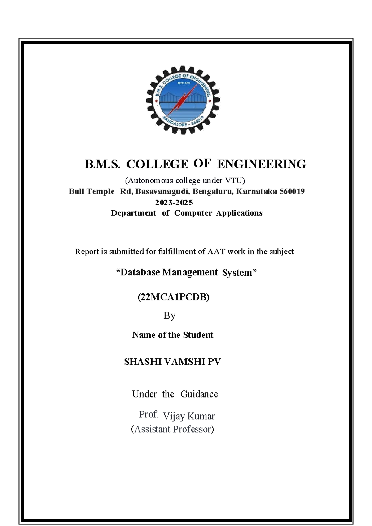 Shashi Vamshi Pv Dbms Record Bm College Of Engineering Autonomous College Under Vtu Bull 8803