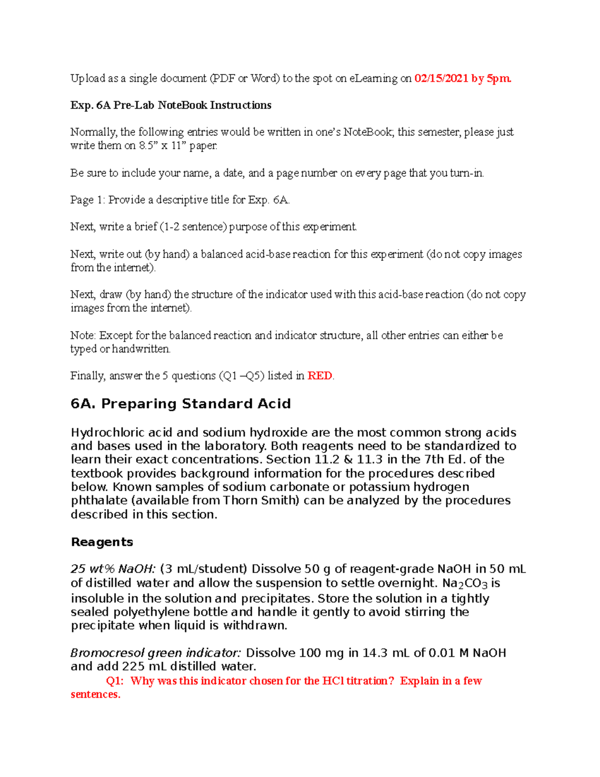 Exp. 6A Pre-Lab Notebook Instructions Preparing Standard Acid - Upload ...