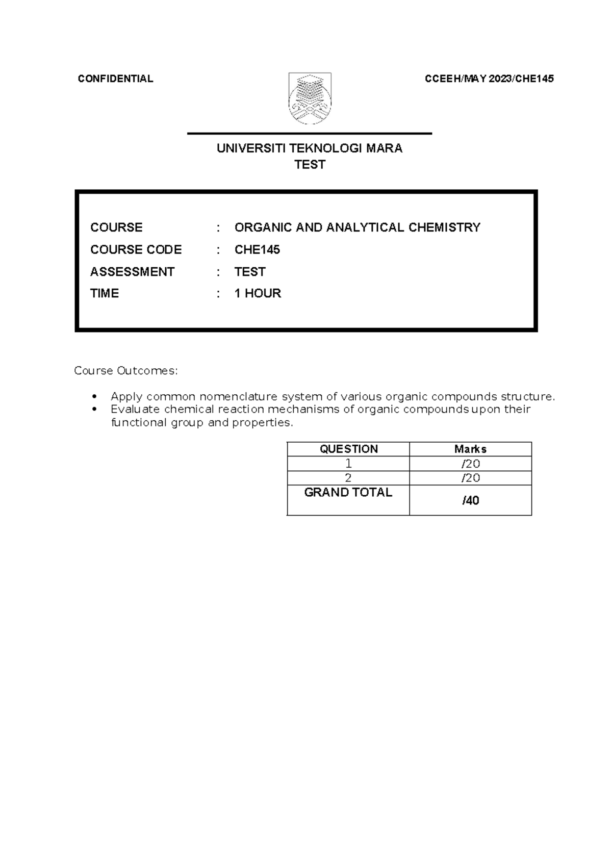 CHE 145 Practice Test May23 - CONFIDENTIAL CCEEH/MAY 2023/CHE ...