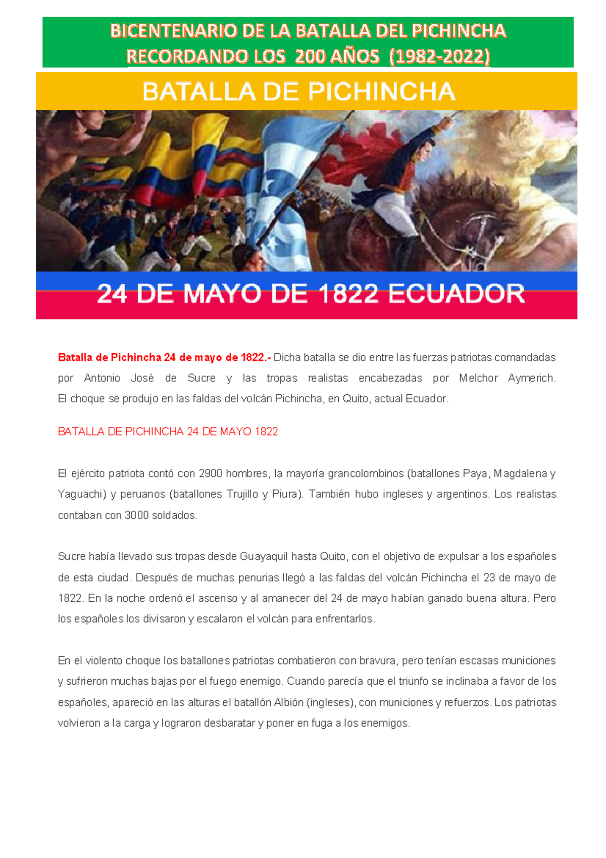 Batalla de Pichincha 24 de mayo de 1822 RAUL - Batalla de Pichincha 24 ...