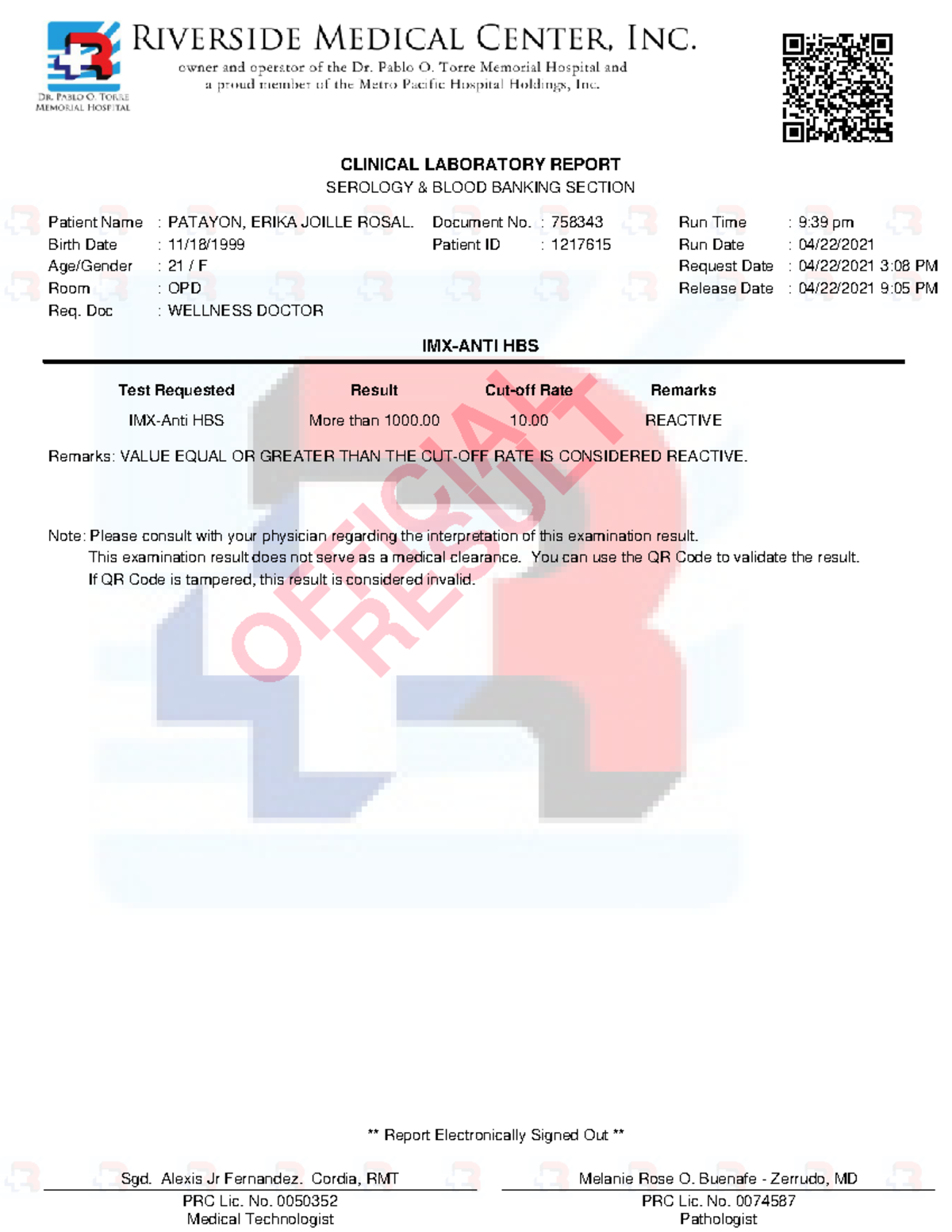 Doc - Lecture notes 1 - OFFICIAL RESULT CLINICAL LABORATORY REPORT ...