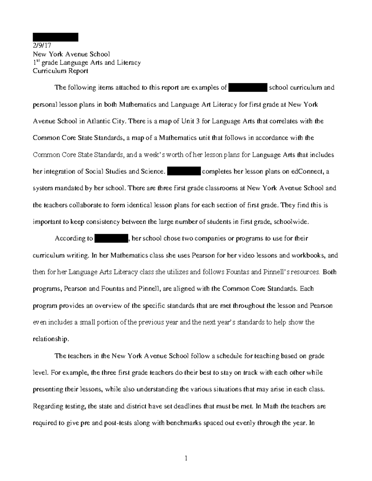 Curriculum Report Sample - 1 Ashley Peoples 2/9/ New York Avenue School ...