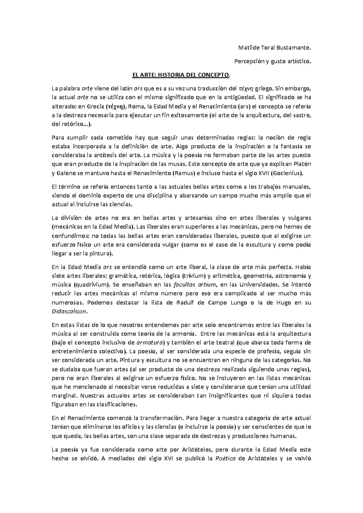 Percepción y gusto artístico 4º- resumen concepto arte - Matilde Toral ...