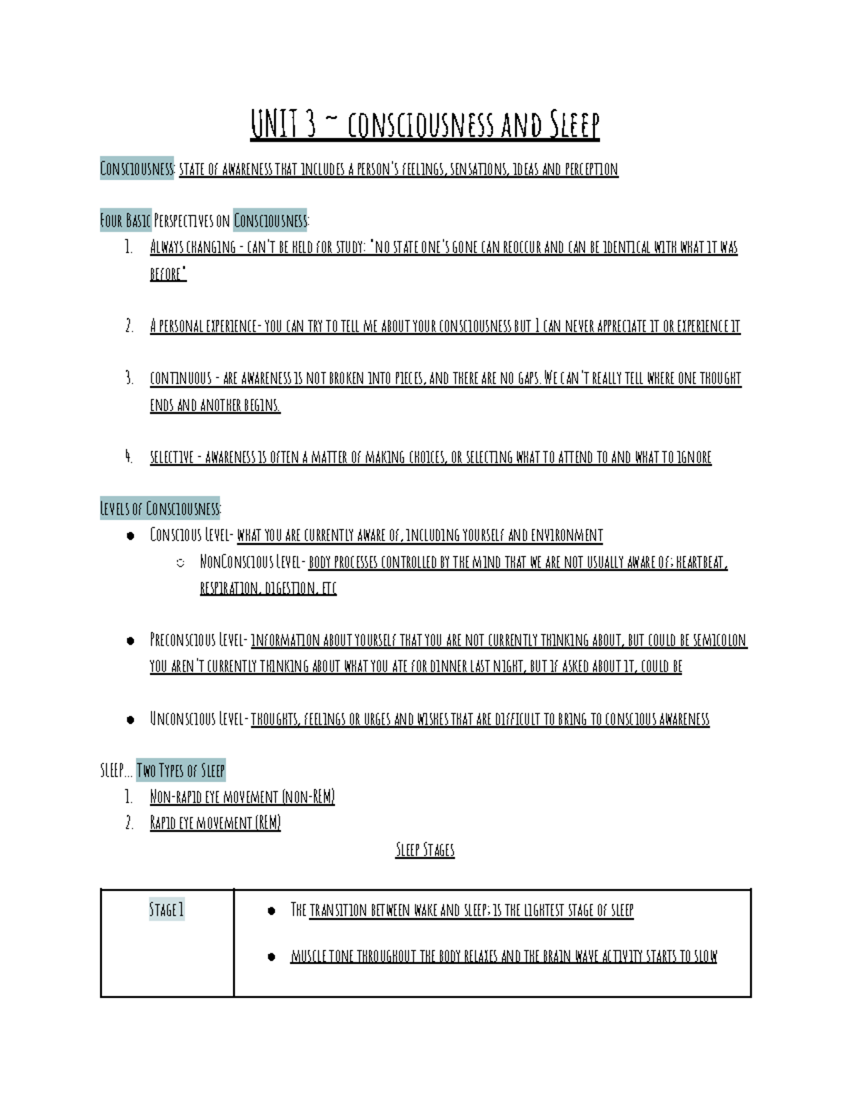 UNIT 3 notes - UNIT 3 ~ consciousness and Sleep Consciousness: state of ...
