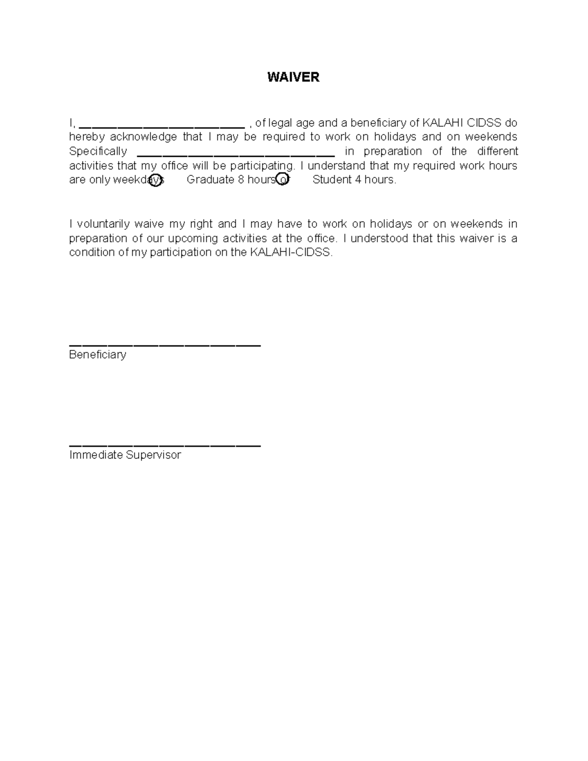 Waiver - lecture - WAIVER I, __________________________ , of legal age and a beneficiary of ...