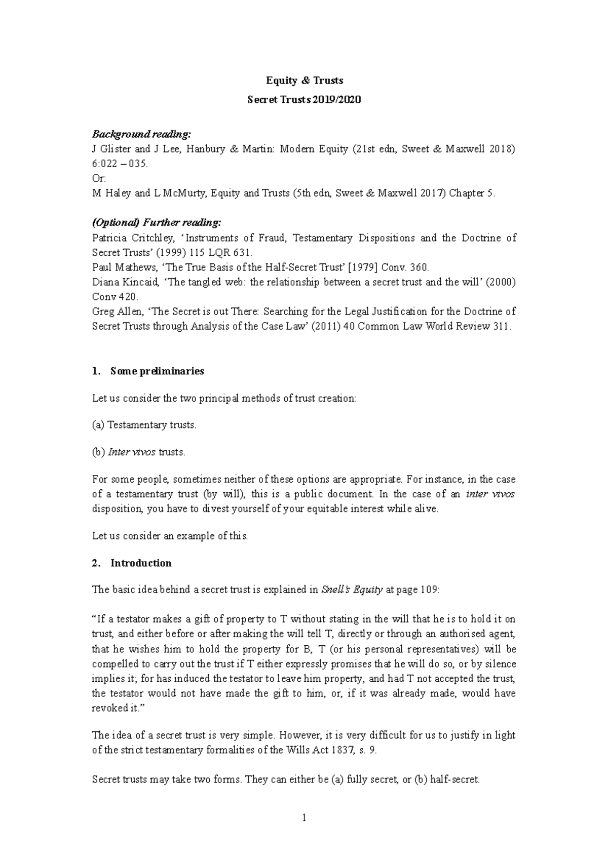 Secret Trusts handout - Equity & Trusts Secret Trusts 2019/ Background ...