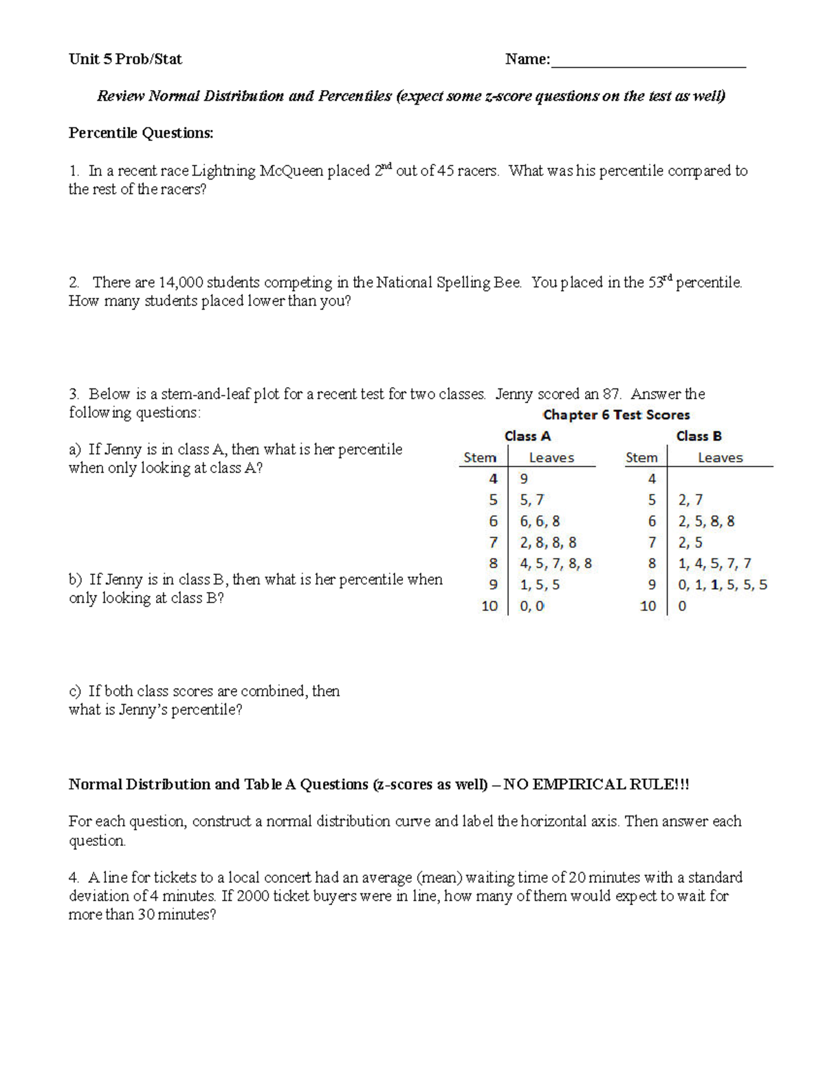 Review Sheet Normal Distribution With Percentiles Worksheet Unit 5