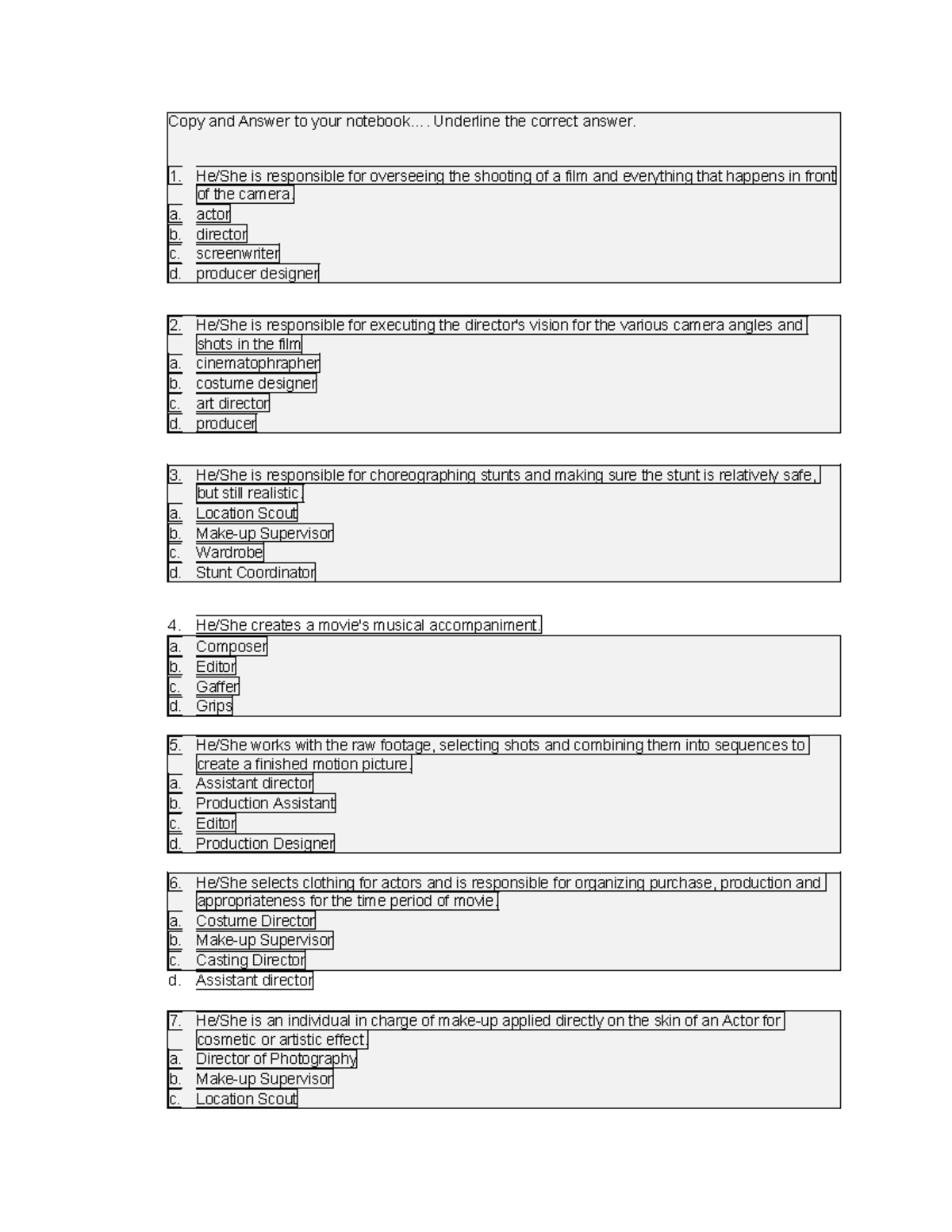 Quizzes G7 Film Production - Copy and Answer to your notebook ...