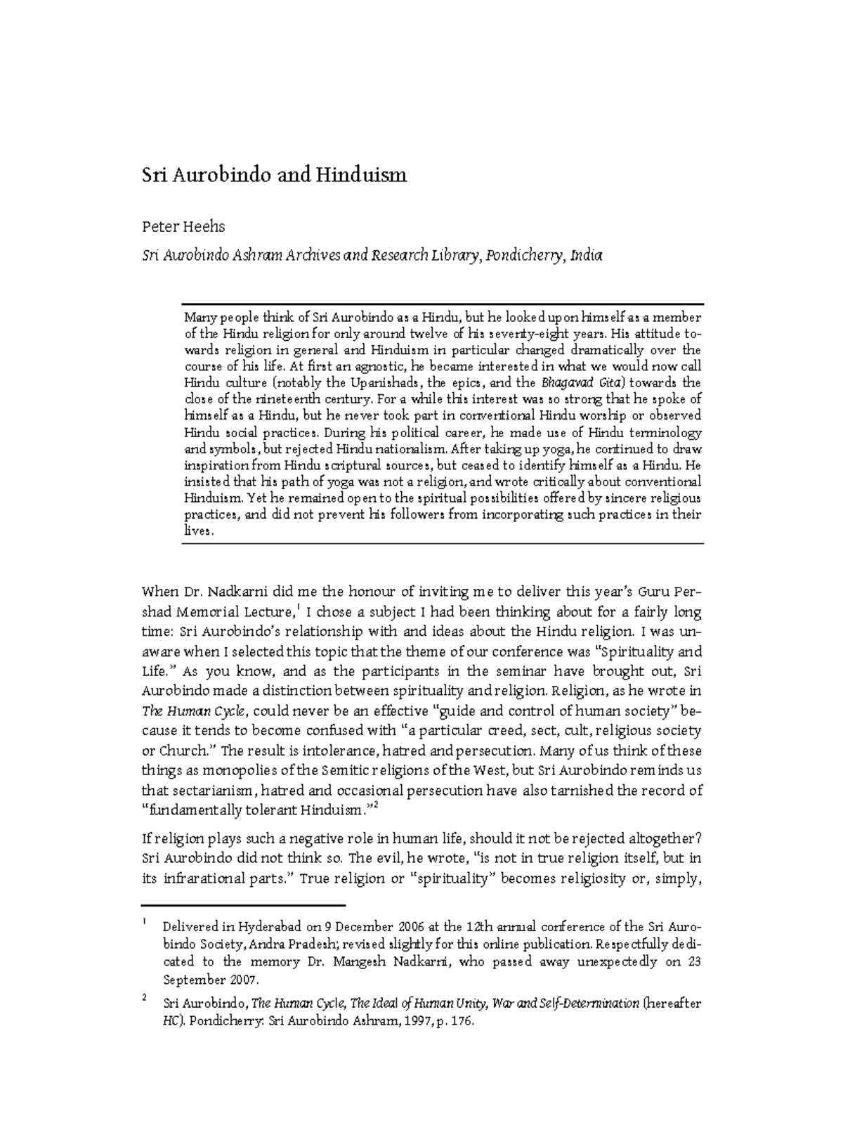 Sri Aurobindo and Hinduism - Sri Aurobindo and Hinduism Peter Heehs Sri Aurobindo Ashram ...