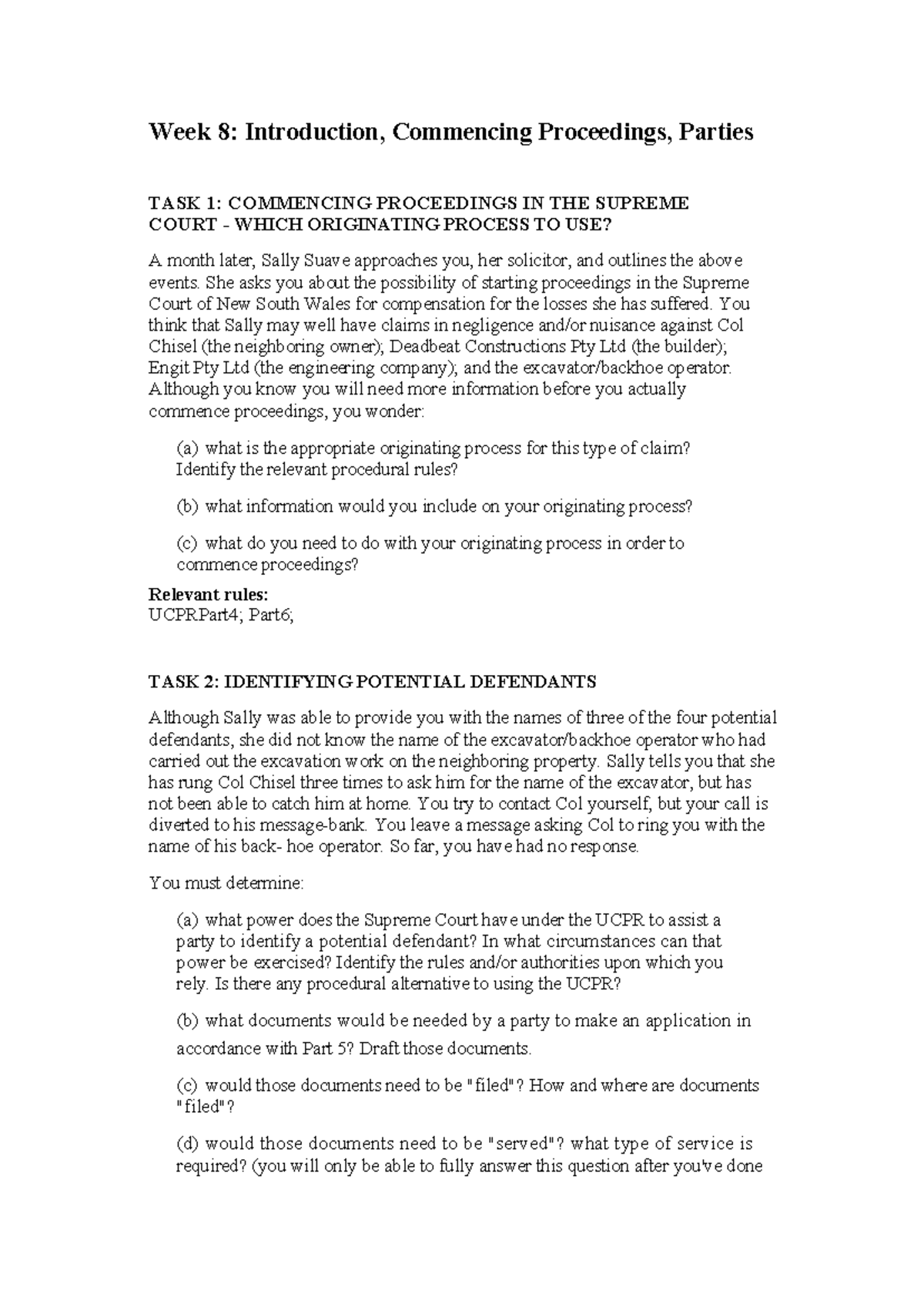 Week 8 Seminar questions - Week 8: Introduction, Commencing Proceedings ...